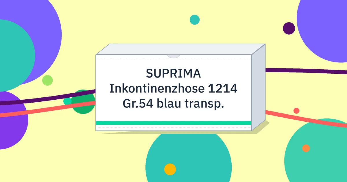 Symbolbild: Packung mit der Aufschrift SUPRIMA Inkontinenzhose 1214 Gr.54 blau transp. (PZN 02852776) – Verfügbarkeit und Bezug in Apotheken in Frankfurt am Main