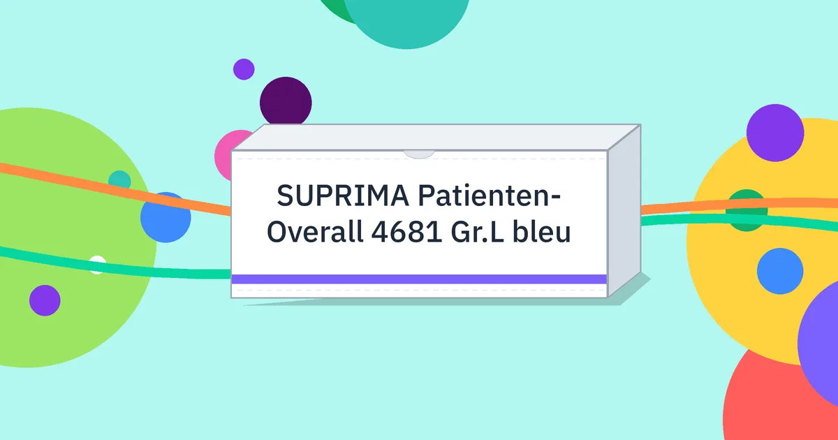Symbolbild: Packung mit der Aufschrift SUPRIMA Patienten-Overall 4681 Gr.L bleu (PZN 01869361) – Verfügbarkeit und Bezug in Apotheken in Frankfurt am Main