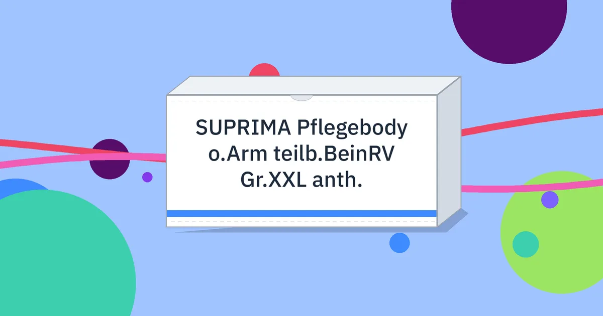 Symbolbild: Packung mit der Aufschrift SUPRIMA Pflegebody o.Arm teilb.BeinRV Gr.XXL anth. (PZN 10711009) – Verfügbarkeit und Bezug in Apotheken in Frankfurt am Main