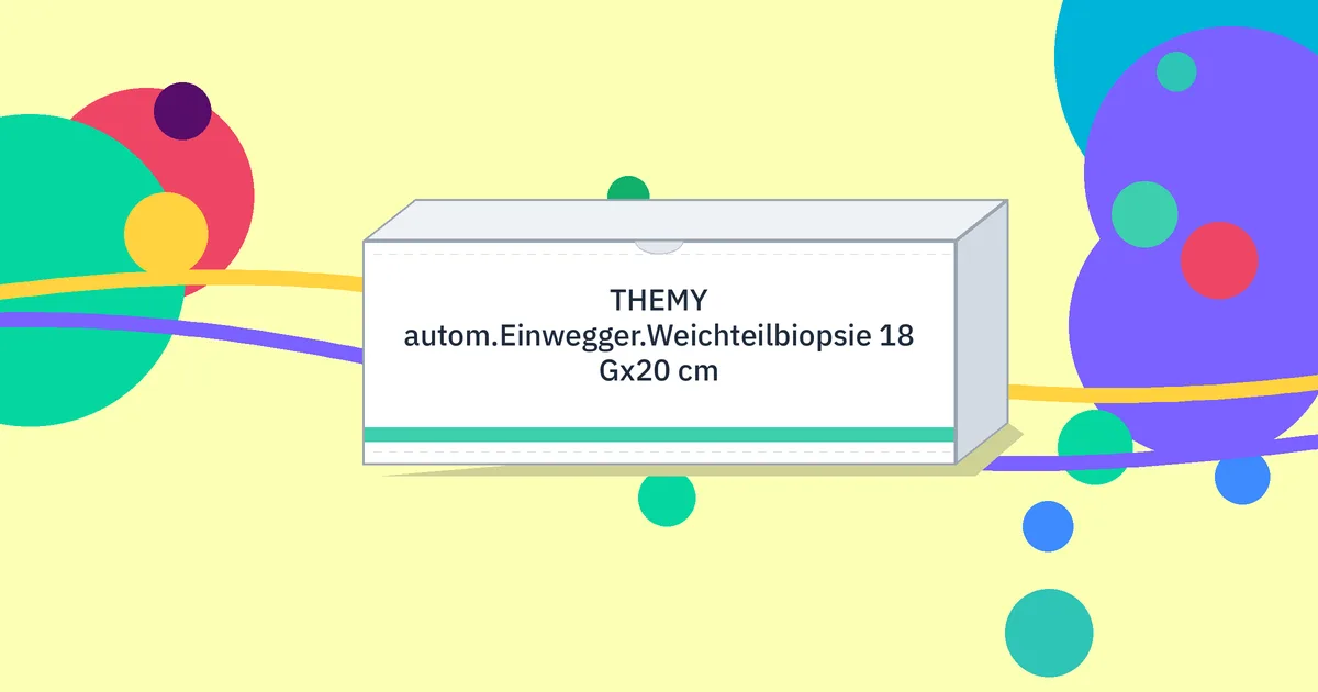 Symbolbild: Packung mit der Aufschrift THEMY autom.Einwegger.Weichteilbiopsie 18 Gx20 cm (PZN 19737476) – Verfügbarkeit und Bezug in Apotheken in Frankfurt am Main