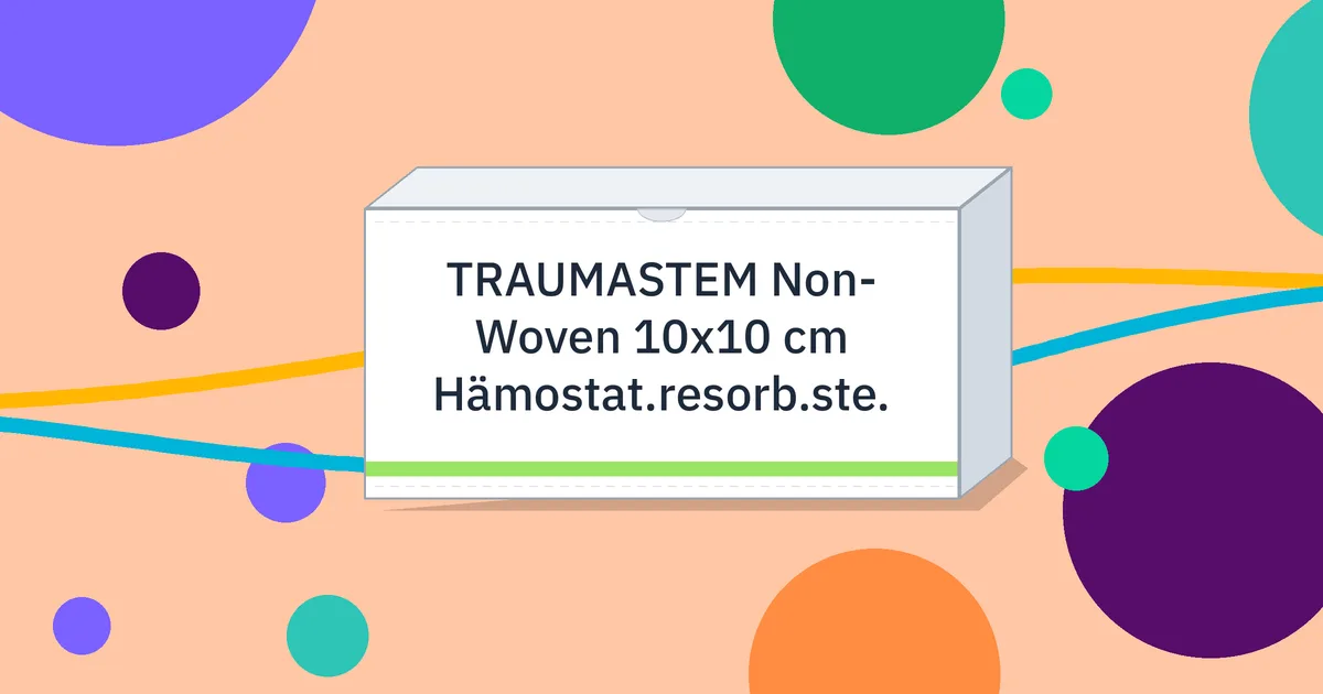 Symbolbild: Packung mit der Aufschrift TRAUMASTEM Non-Woven 10x10 cm Hämostat.resorb.ste. (PZN 20387998) – Verfügbarkeit und Bezug in Apotheken in Frankfurt am Main