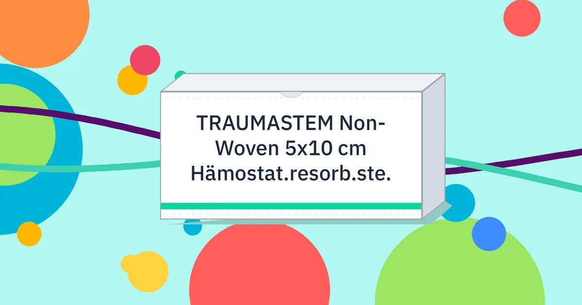 Symbolbild: Packung mit der Aufschrift TRAUMASTEM Non-Woven 5x10 cm Hämostat.resorb.ste. (PZN 20387975) – Verfügbarkeit und Bezug in Apotheken in Frankfurt am Main