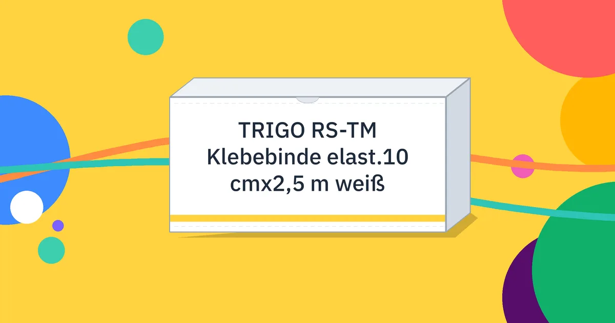 Symbolbild: Packung mit der Aufschrift TRIGO RS-TM Klebebinde elast.10 cmx2,5 m weiß (PZN 13153337) – Verfügbarkeit und Bezug in Apotheken in Frankfurt am Main