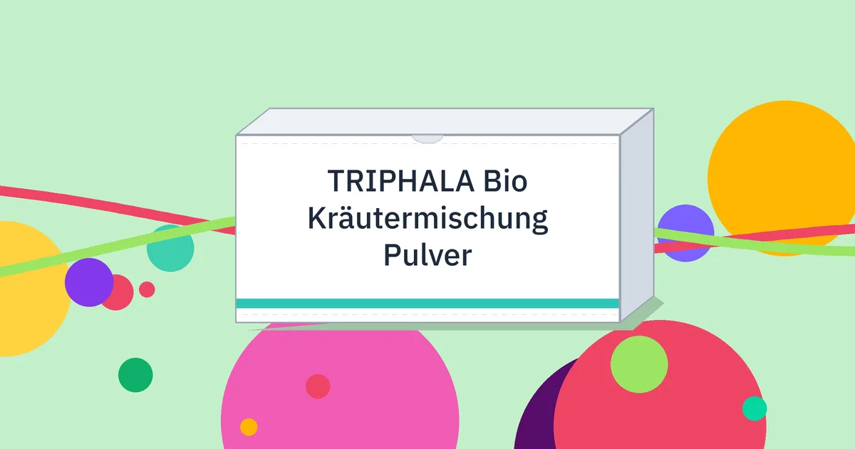 Symbolbild: Packung mit der Aufschrift TRIPHALA Bio Kräutermischung Pulver (PZN 13862306) – Verfügbarkeit und Bezug in Apotheken in Frankfurt am Main
