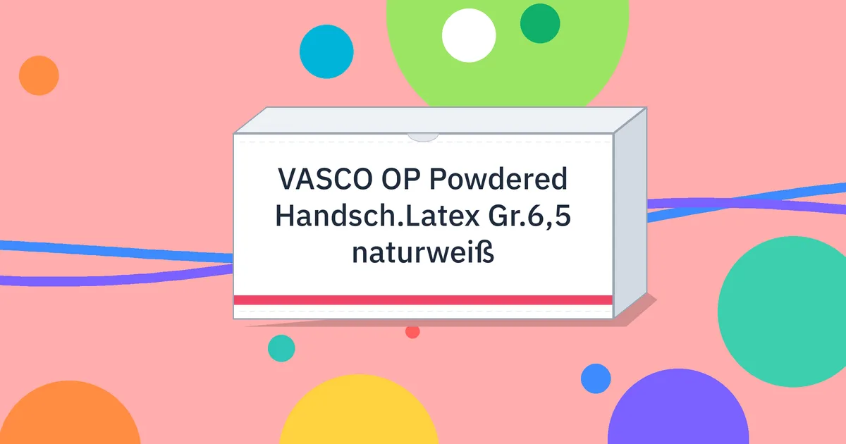 Symbolbild: Packung mit der Aufschrift VASCO OP Powdered Handsch.Latex Gr.6,5 naturweiß (PZN 14382695) – Verfügbarkeit und Bezug in Apotheken in Frankfurt am Main