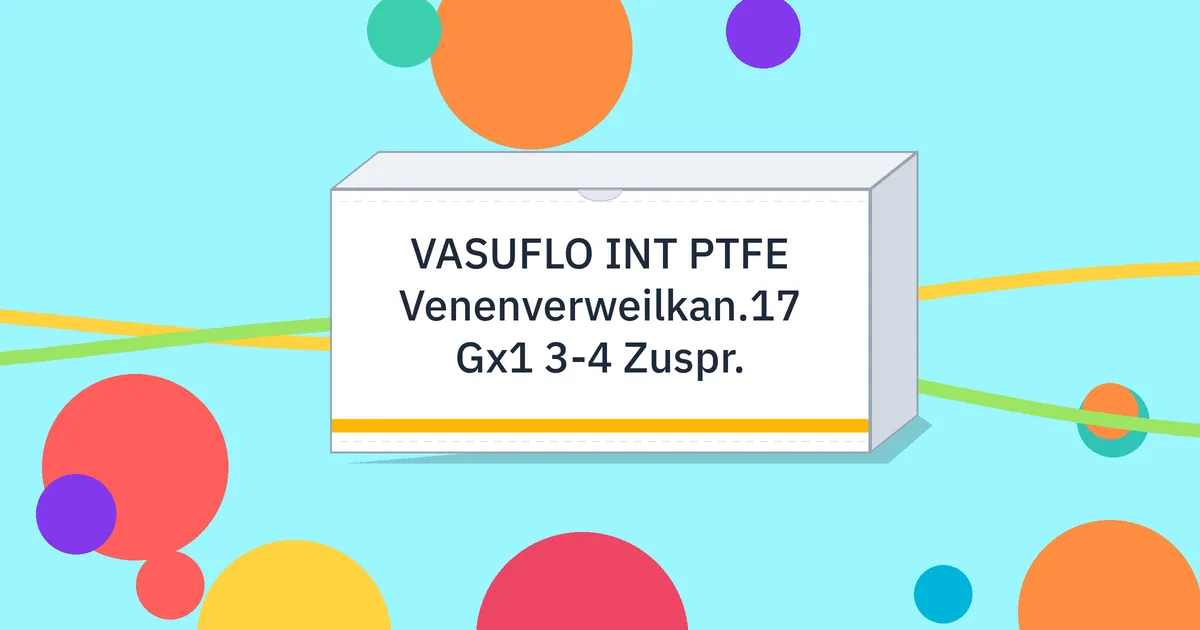 Symbolbild: Packung mit der Aufschrift VASUFLO INT PTFE Venenverweilkan.17 Gx1 3-4 Zuspr. (PZN 18387034) – Verfügbarkeit und Bezug in Apotheken in Frankfurt am Main