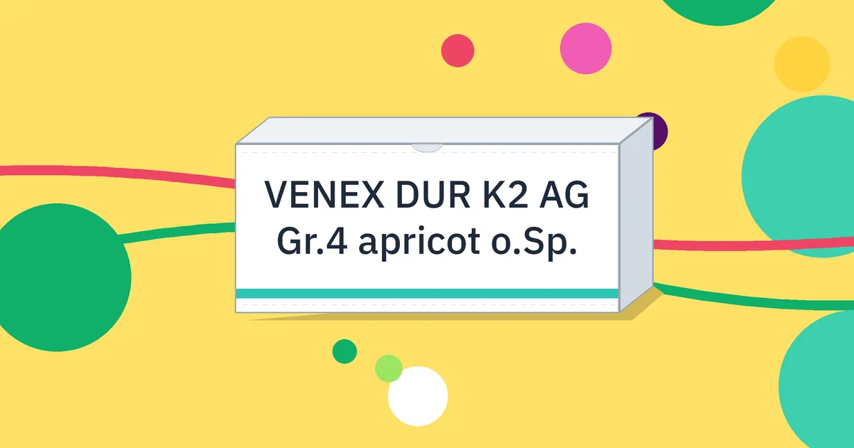 Symbolbild: Packung mit der Aufschrift VENEX DUR K2 AG Gr.4 apricot o.Sp. (PZN 03216574) – Verfügbarkeit und Bezug in Apotheken in Frankfurt am Main