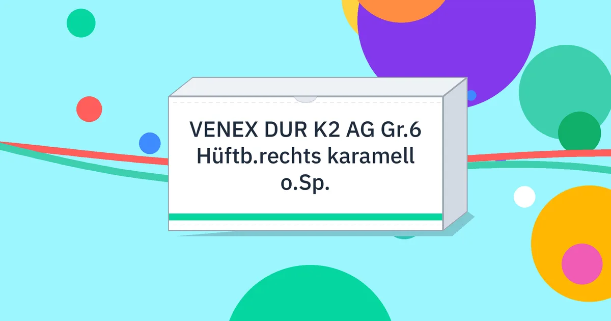 Symbolbild: Packung mit der Aufschrift VENEX DUR K2 AG Gr.6 Hüftb.rechts karamell o.Sp. (PZN 13761309) – Verfügbarkeit und Bezug in Apotheken in Frankfurt am Main