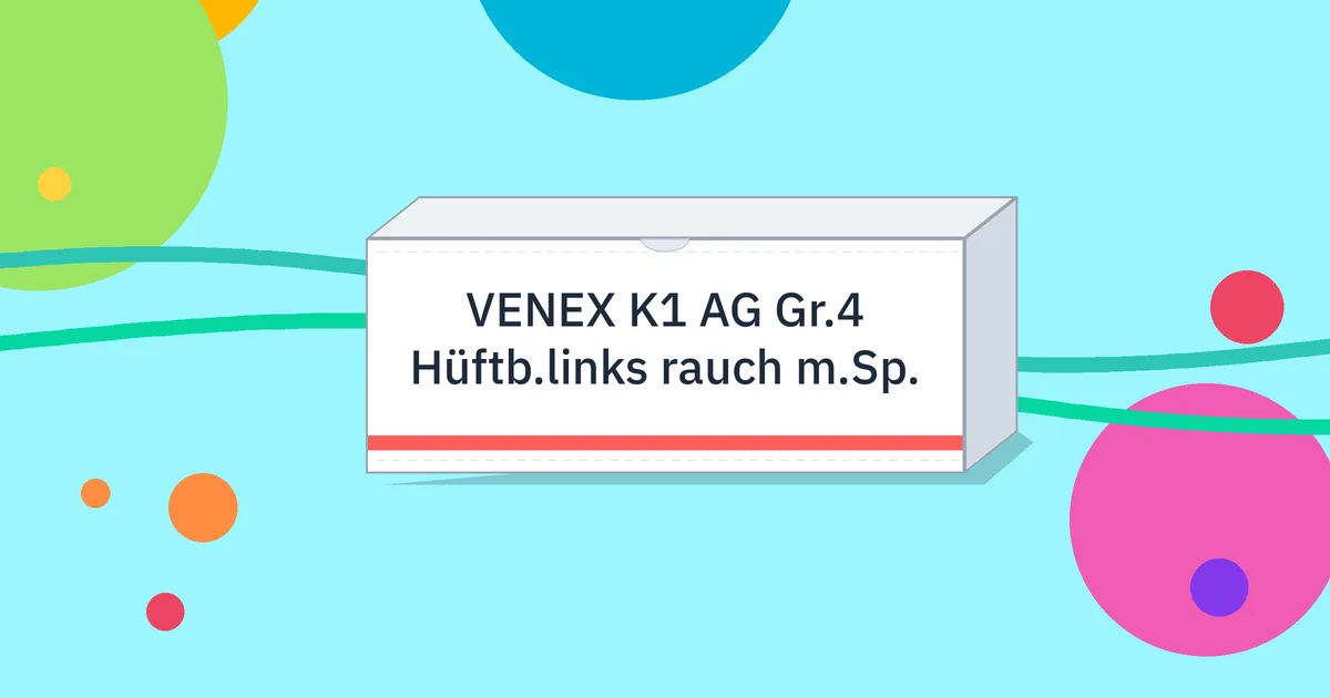 Symbolbild: Packung mit der Aufschrift VENEX K1 AG Gr.4 Hüftb.links rauch m.Sp. (PZN 03199545) – Verfügbarkeit und Bezug in Apotheken in Frankfurt am Main