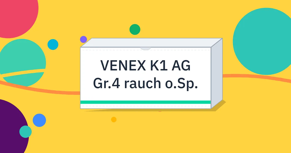 Symbolbild: Packung mit der Aufschrift VENEX K1 AG Gr.4 rauch o.Sp. (PZN 03188197) – Verfügbarkeit und Bezug in Apotheken in Frankfurt am Main