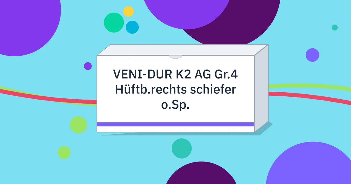 Symbolbild: Packung mit der Aufschrift VENI-DUR K2 AG Gr.4 Hüftb.rechts schiefer o.Sp. (PZN 03254161) – Verfügbarkeit und Bezug in Apotheken in Frankfurt am Main