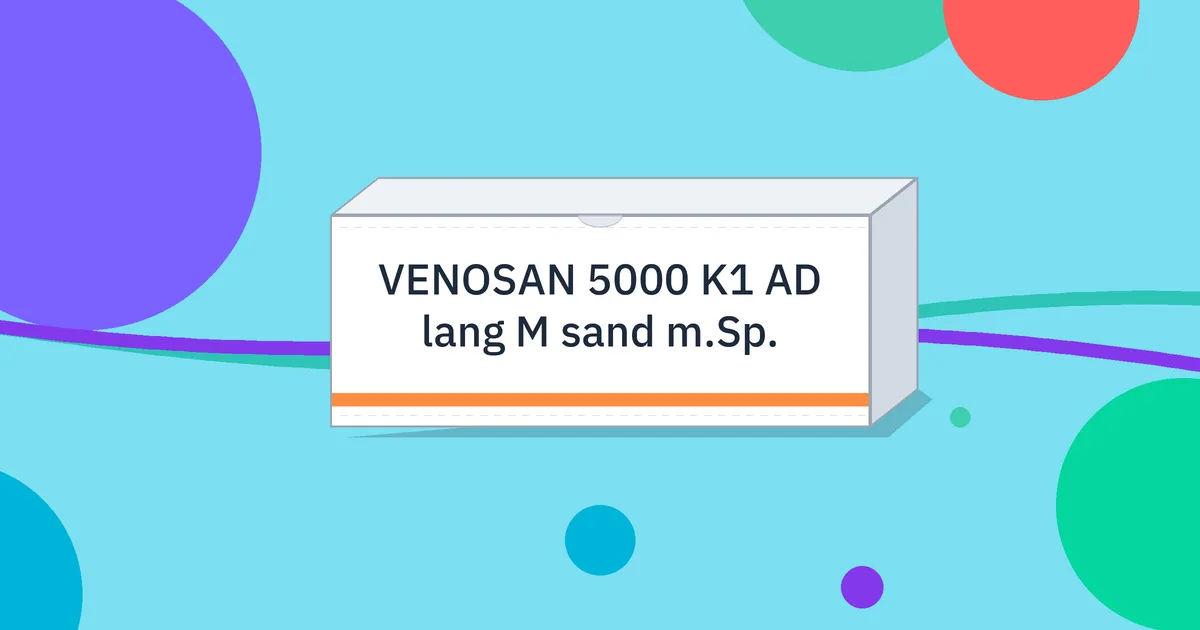 Symbolbild: Packung mit der Aufschrift VENOSAN 5000 K1 AD lang M sand m.Sp. (PZN 14428055) – Verfügbarkeit und Bezug in Apotheken in Frankfurt am Main