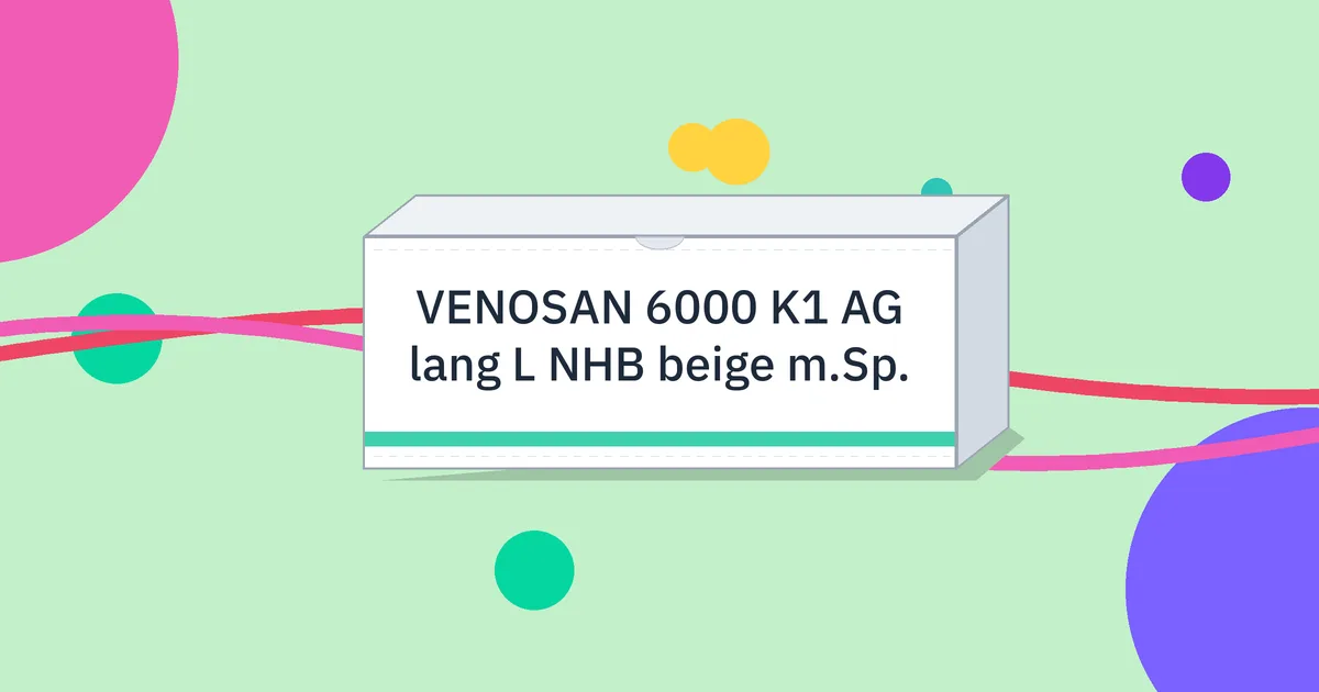 Symbolbild: Packung mit der Aufschrift VENOSAN 6000 K1 AG lang L NHB beige m.Sp. (PZN 17171585) – Verfügbarkeit und Bezug in Apotheken in Frankfurt am Main