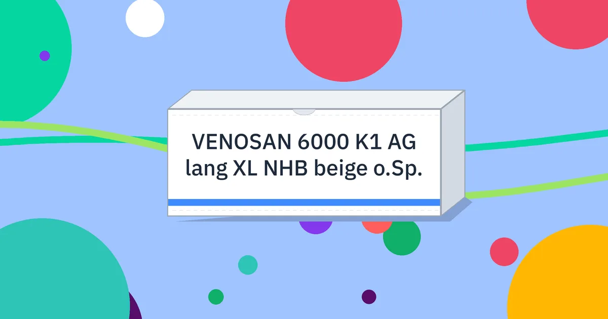 Symbolbild: Packung mit der Aufschrift VENOSAN 6000 K1 AG lang XL NHB beige o.Sp. (PZN 17171450) – Verfügbarkeit und Bezug in Apotheken in Frankfurt am Main