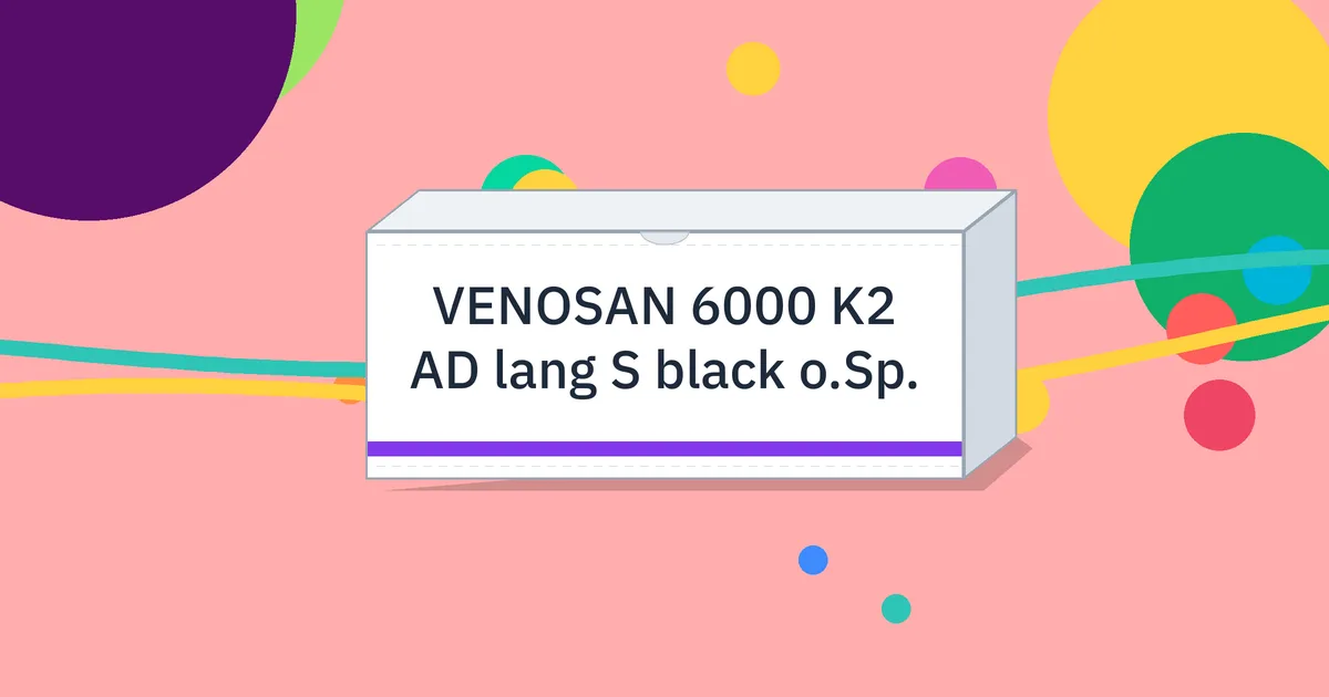 Symbolbild: Packung mit der Aufschrift VENOSAN 6000 K2 AD lang S black o.Sp. (PZN 17172389) – Verfügbarkeit und Bezug in Apotheken in Frankfurt am Main