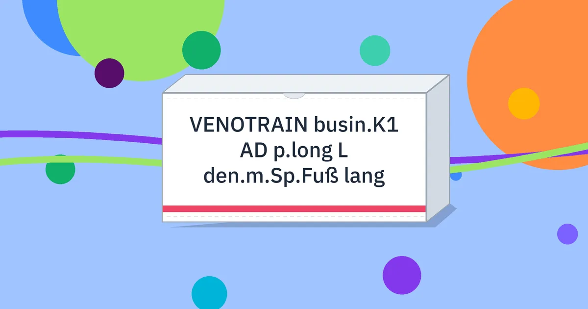 Symbolbild: Packung mit der Aufschrift VENOTRAIN busin.K1 AD p.long L den.m.Sp.Fuß lang (PZN 19056718) – Verfügbarkeit und Bezug in Apotheken in Frankfurt am Main