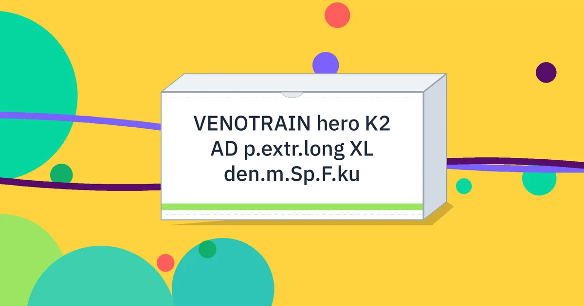 Symbolbild: Packung mit der Aufschrift VENOTRAIN hero K2 AD p.extr.long XL den.m.Sp.F.ku (PZN 19190977) – Verfügbarkeit und Bezug in Apotheken in Frankfurt am Main