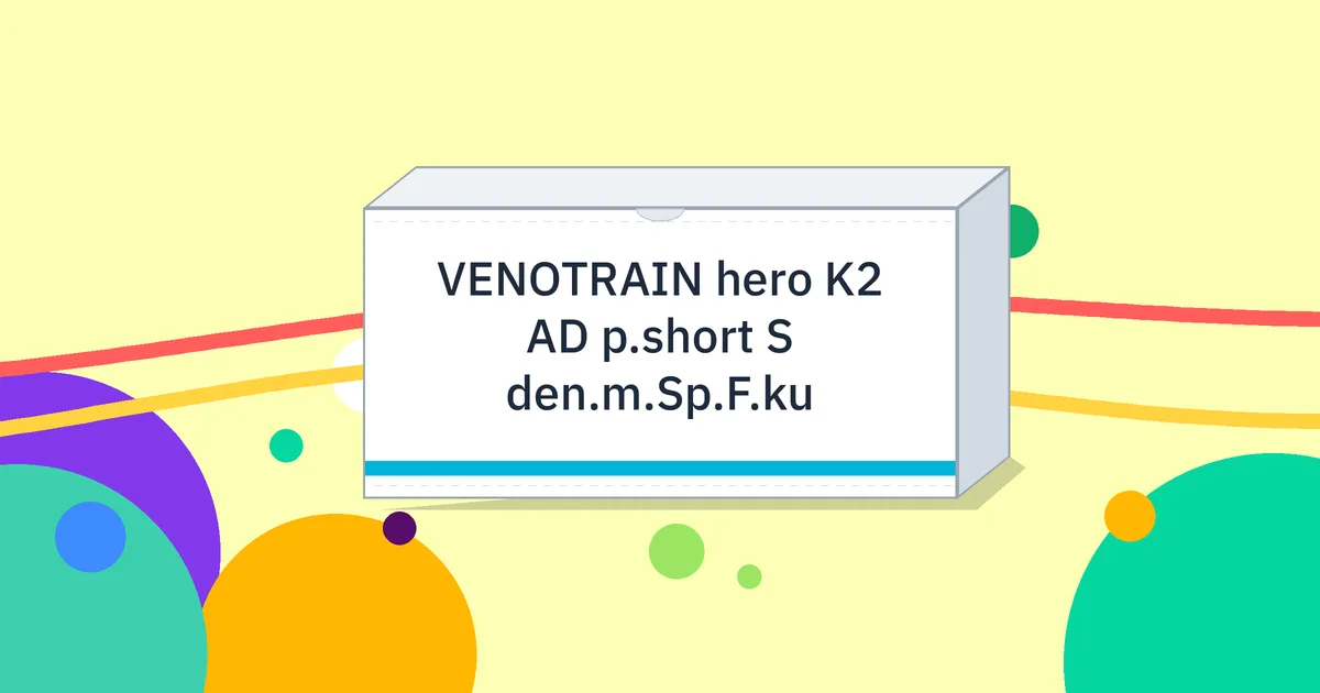 Symbolbild: Packung mit der Aufschrift VENOTRAIN hero K2 AD p.short S den.m.Sp.F.ku (PZN 19190865) – Verfügbarkeit und Bezug in Apotheken in Frankfurt am Main
