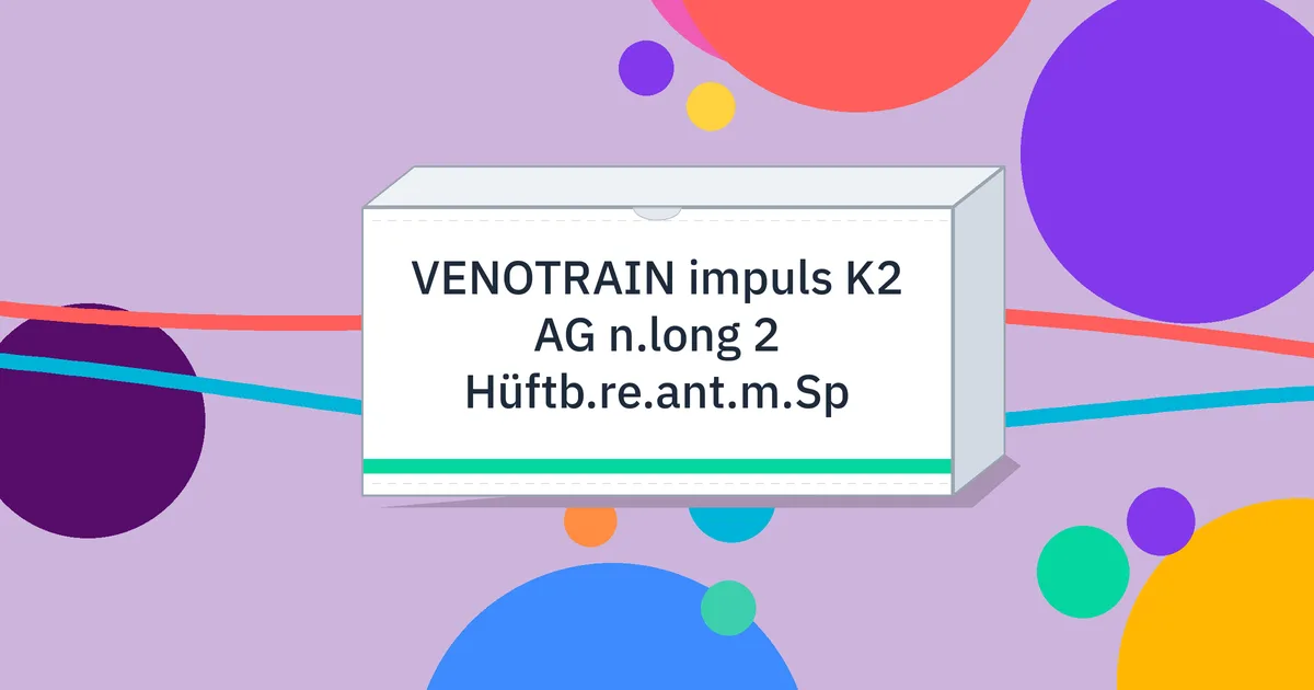 Symbolbild: Packung mit der Aufschrift VENOTRAIN impuls K2 AG n.long 2 Hüftb.re.ant.m.Sp (PZN 15217018) – Verfügbarkeit und Bezug in Apotheken in Frankfurt am Main