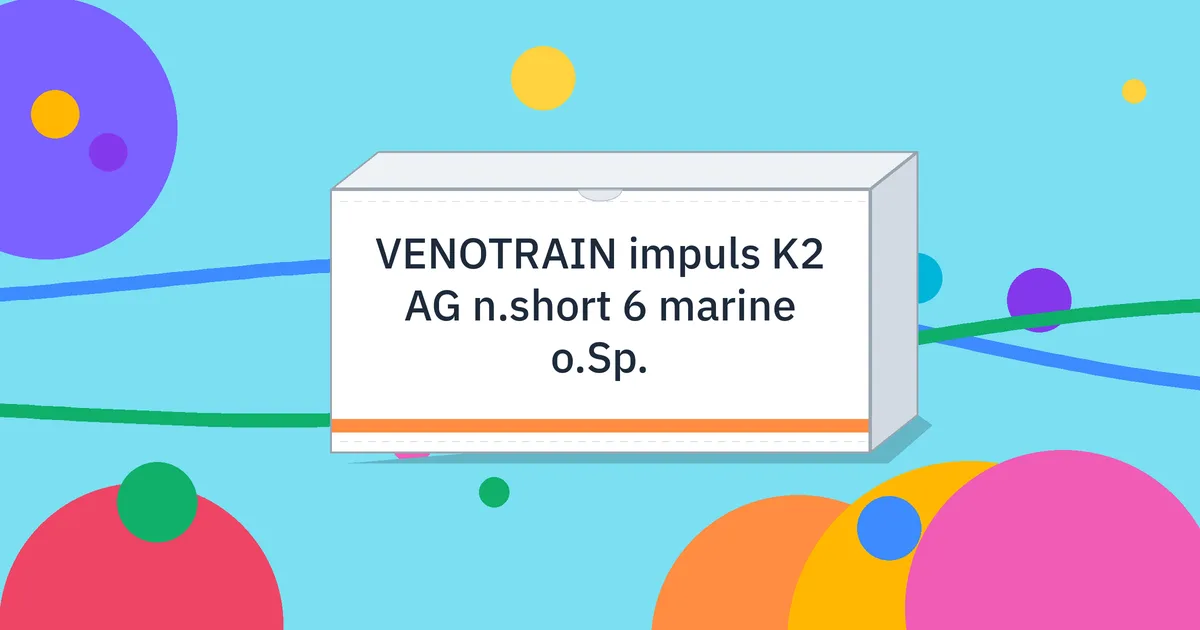 Symbolbild: Packung mit der Aufschrift VENOTRAIN impuls K2 AG n.short 6 marine o.Sp. (PZN 15212015) – Verfügbarkeit und Bezug in Apotheken in Frankfurt am Main