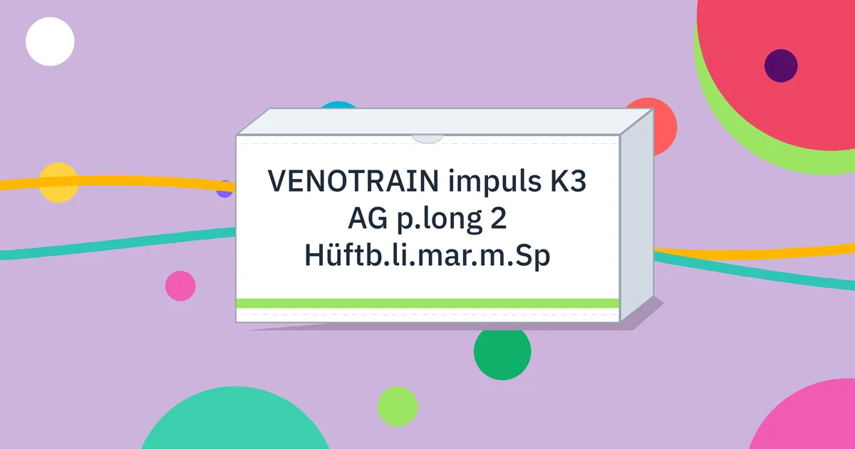 Symbolbild: Packung mit der Aufschrift VENOTRAIN impuls K3 AG p.long 2 Hüftb.li.mar.m.Sp (PZN 15220121) – Verfügbarkeit und Bezug in Apotheken in Frankfurt am Main