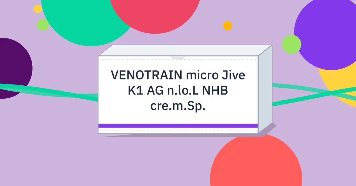 Symbolbild: Packung mit der Aufschrift VENOTRAIN micro Jive K1 AG n.lo.L NHB cre.m.Sp. (PZN 17763392) – Verfügbarkeit und Bezug in Apotheken in Frankfurt am Main