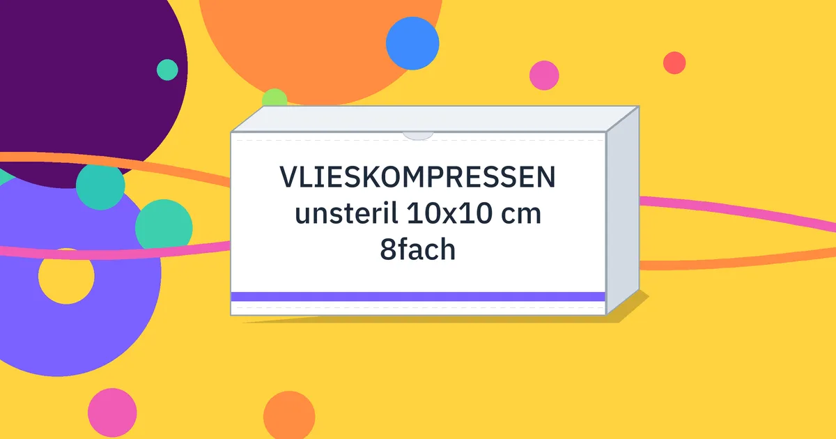 Symbolbild: Packung mit der Aufschrift VLIESKOMPRESSEN unsteril 10x10 cm 8fach (PZN 02561056) – Verfügbarkeit und Bezug in Apotheken in Frankfurt am Main