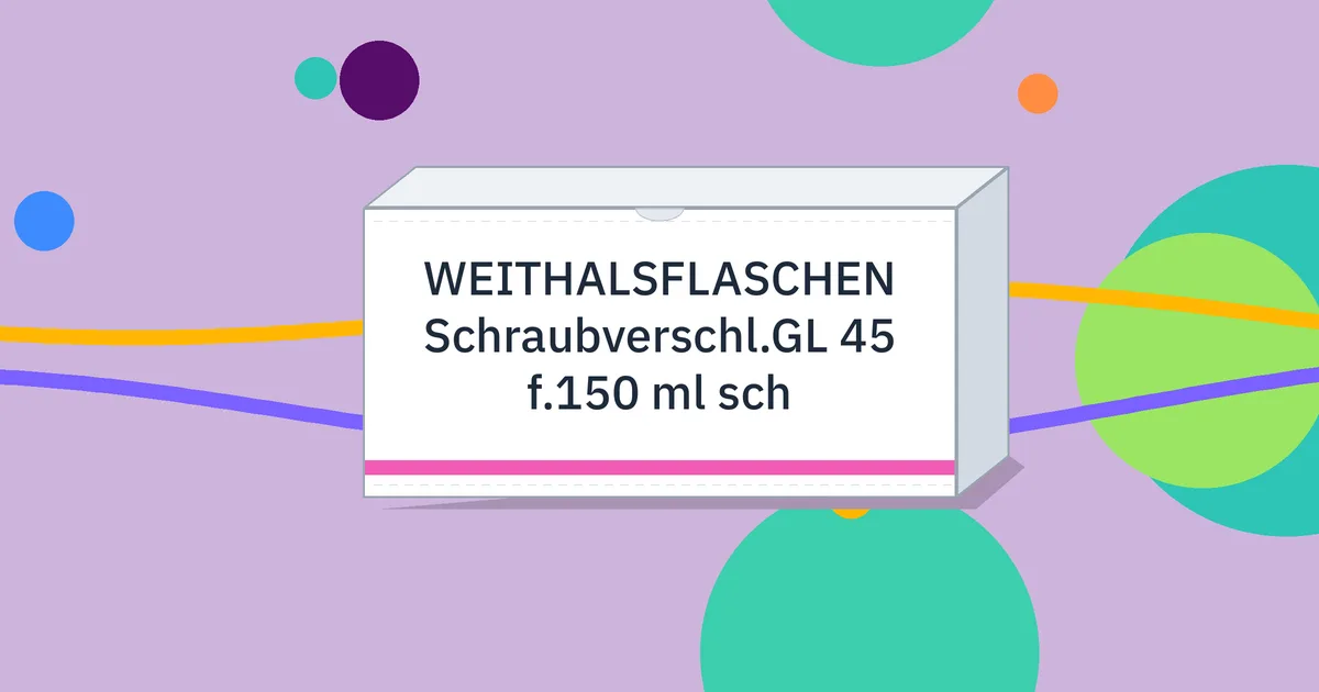 Symbolbild: Packung mit der Aufschrift WEITHALSFLASCHEN Schraubverschl.GL 45 f.150 ml sch (PZN 18111450) – Verfügbarkeit und Bezug in Apotheken in Frankfurt am Main