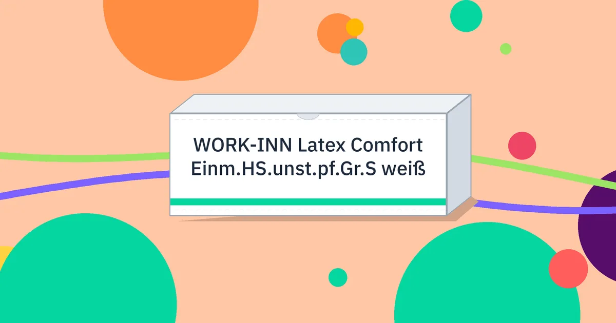 Symbolbild: Packung mit der Aufschrift WORK-INN Latex Comfort Einm.HS.unst.pf.Gr.S weiß (PZN 19357288) – Verfügbarkeit und Bezug in Apotheken in Frankfurt am Main