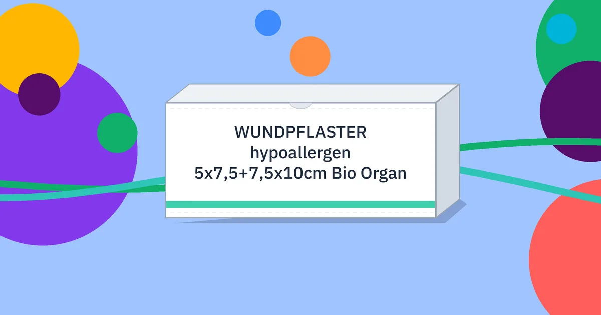Symbolbild: Packung mit der Aufschrift WUNDPFLASTER hypoallergen 5x7,5+7,5x10cm Bio Organ (PZN 18663304) – Verfügbarkeit und Bezug in Apotheken in Frankfurt am Main
