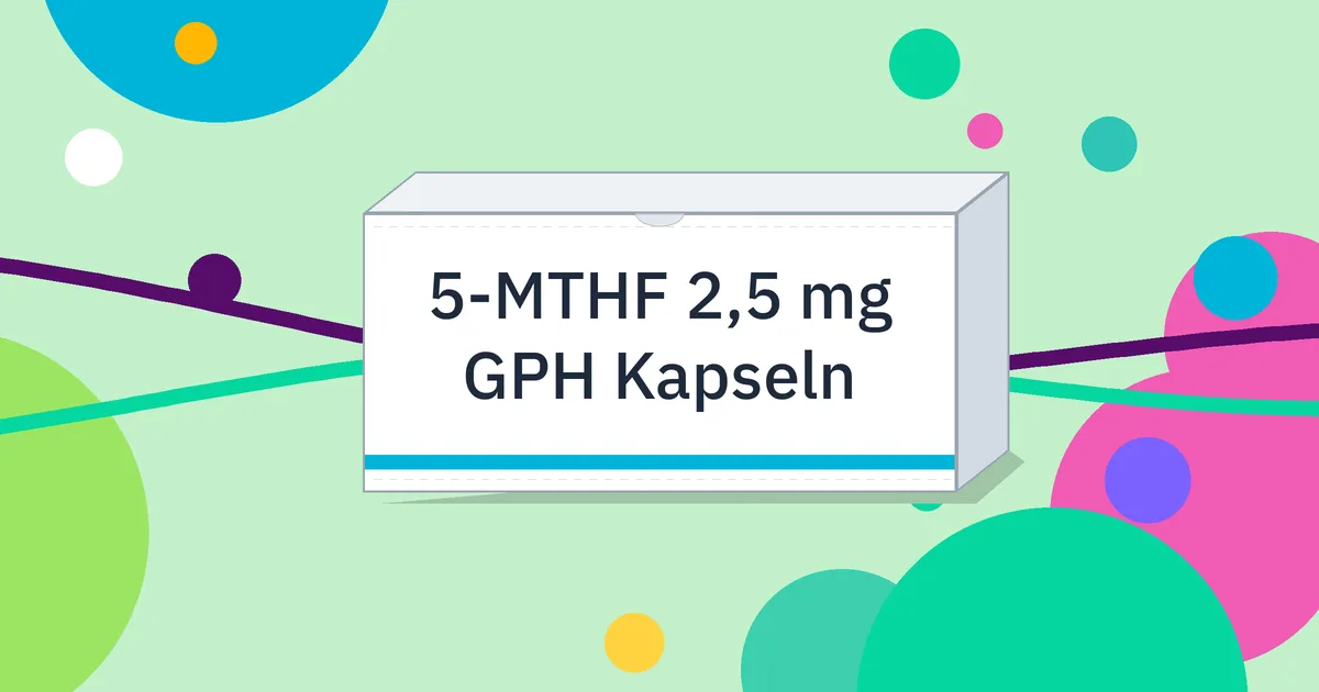 Symbolbild: Packung mit der Aufschrift 5-MTHF 2,5 mg GPH Kapseln (PZN 20051324) – Verfügbarkeit und Bezug in Apotheken in Frankfurt am Main