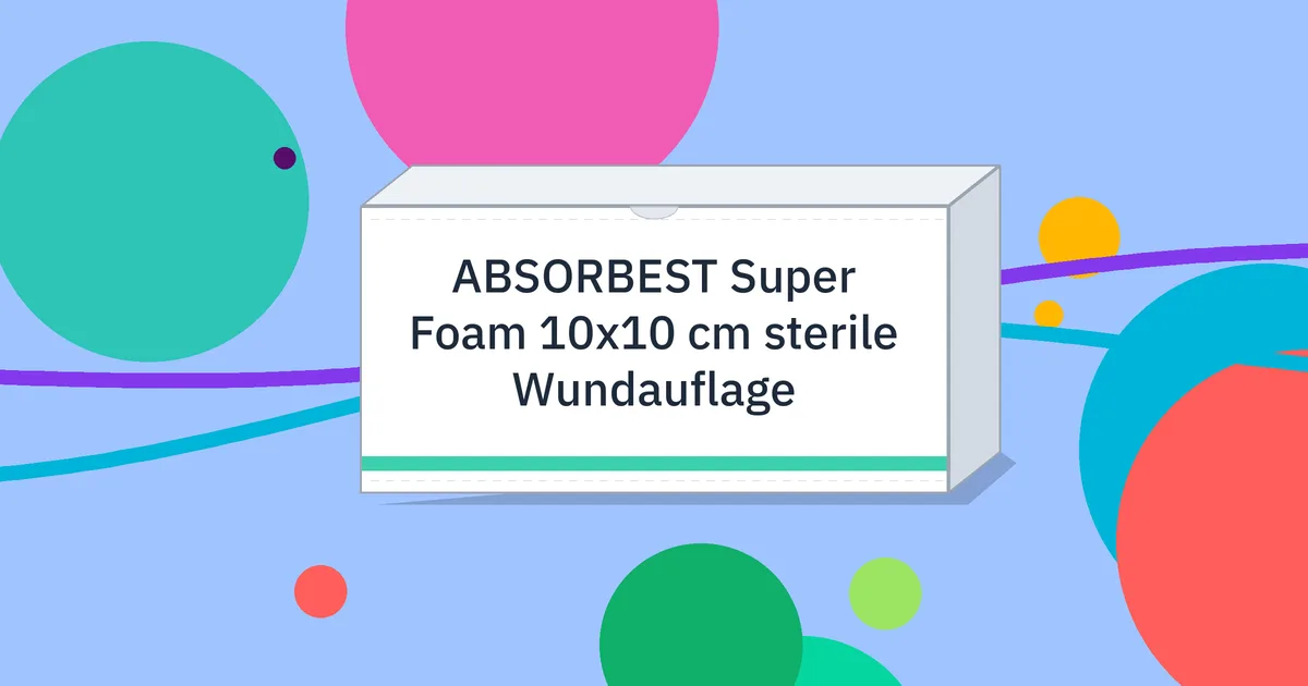 Symbolbild: Packung mit der Aufschrift ABSORBEST Super Foam 10x10 cm sterile Wundauflage (PZN 19635617) – Verfügbarkeit und Bezug in Apotheken in Frankfurt am Main