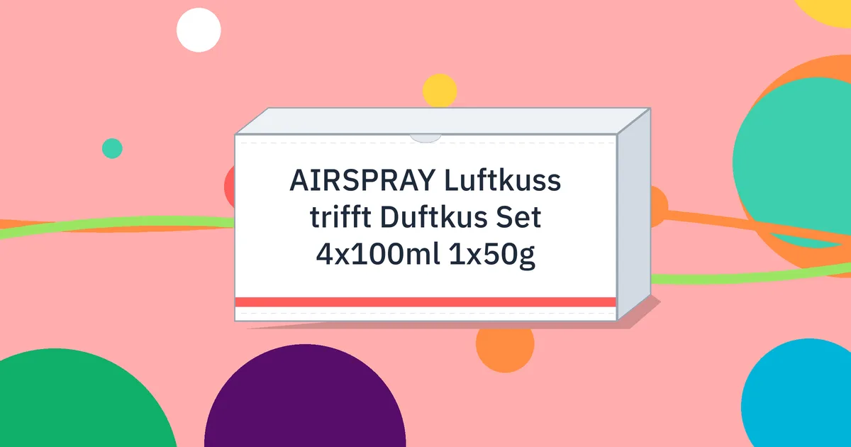 Symbolbild: Packung mit der Aufschrift AIRSPRAY Luftkuss trifft Duftkus Set 4x100ml 1x50g (PZN 16898291) – Verfügbarkeit und Bezug in Apotheken in Frankfurt am Main