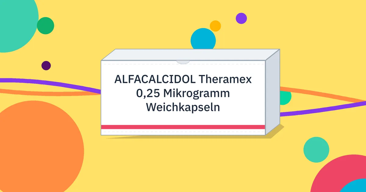 Symbolbild: Packung mit der Aufschrift ALFACALCIDOL Theramex 0,25 Mikrogramm Weichkapseln (PZN 17841927) – Verfügbarkeit und Bezug in Apotheken in Frankfurt am Main