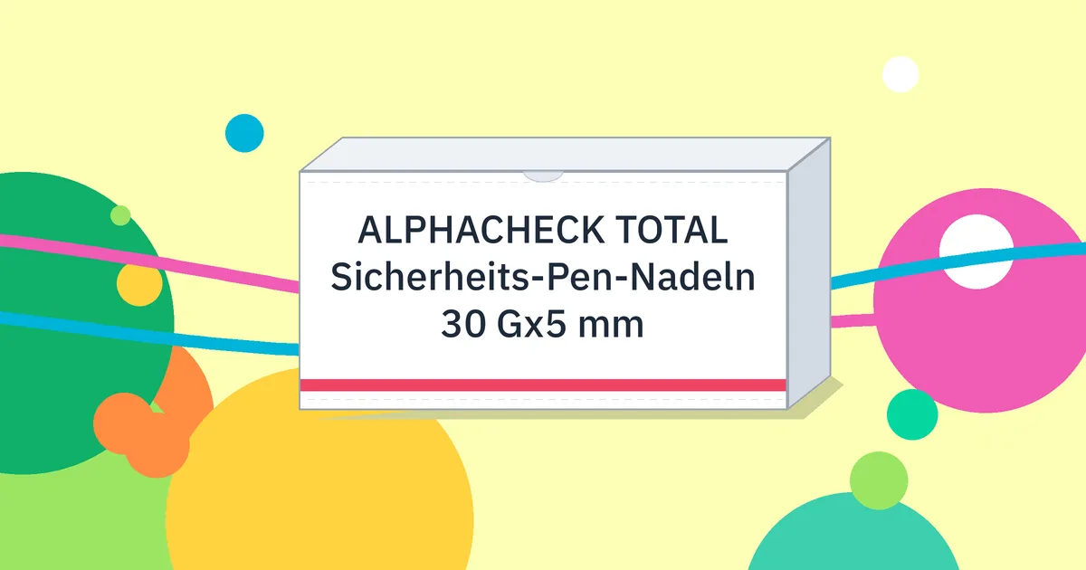 Symbolbild: Packung mit der Aufschrift ALPHACHECK TOTAL Sicherheits-Pen-Nadeln 30 Gx5 mm (PZN 18037848) – Verfügbarkeit und Bezug in Apotheken in Frankfurt am Main