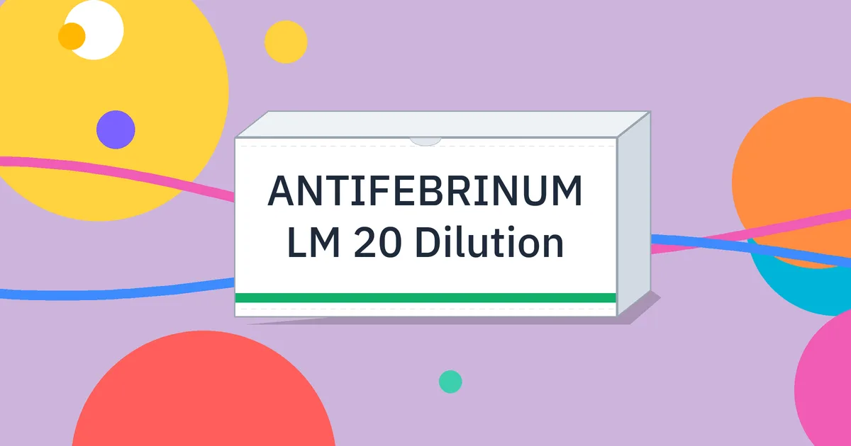 Symbolbild: Packung mit der Aufschrift ANTIFEBRINUM LM 20 Dilution (PZN 13371790) – Verfügbarkeit und Bezug in Apotheken in Frankfurt am Main