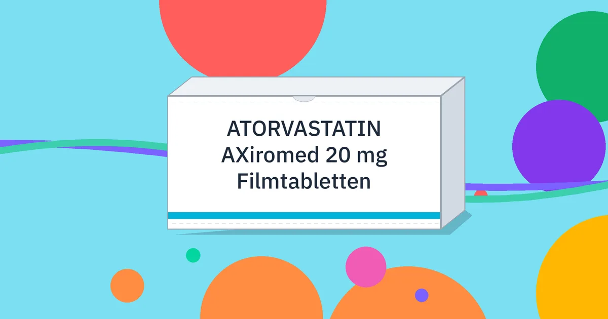 Symbolbild: Packung mit der Aufschrift ATORVASTATIN AXiromed 20 mg Filmtabletten (PZN 13896185) – Verfügbarkeit und Bezug in Apotheken in Frankfurt am Main