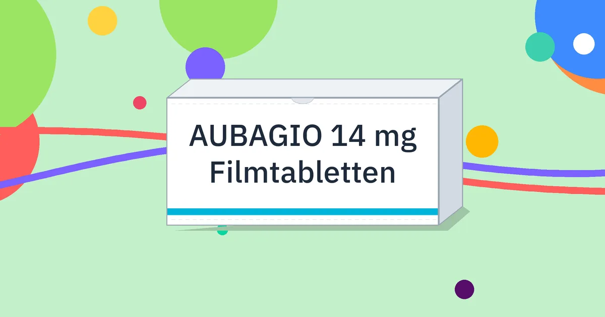 Symbolbild: Packung mit der Aufschrift AUBAGIO 14 mg Filmtabletten (PZN 17629877) – Verfügbarkeit und Bezug in Apotheken in Frankfurt am Main