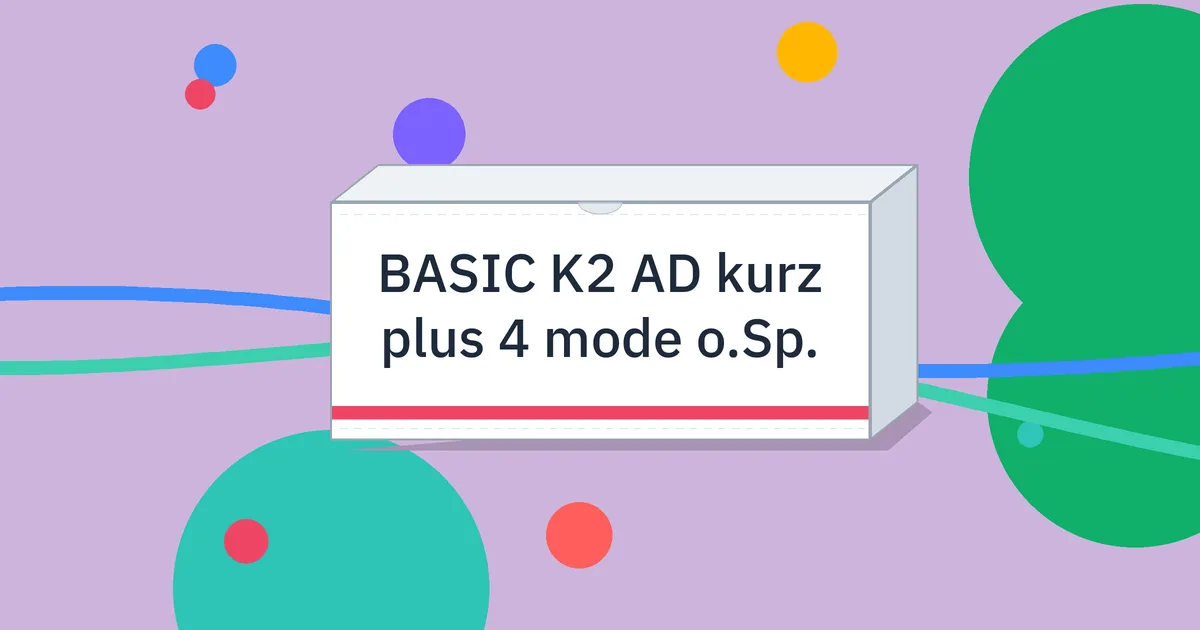 Symbolbild: Packung mit der Aufschrift BASIC K2 AD kurz plus 4 mode o.Sp. (PZN 20265077) – Verfügbarkeit und Bezug in Apotheken in Frankfurt am Main