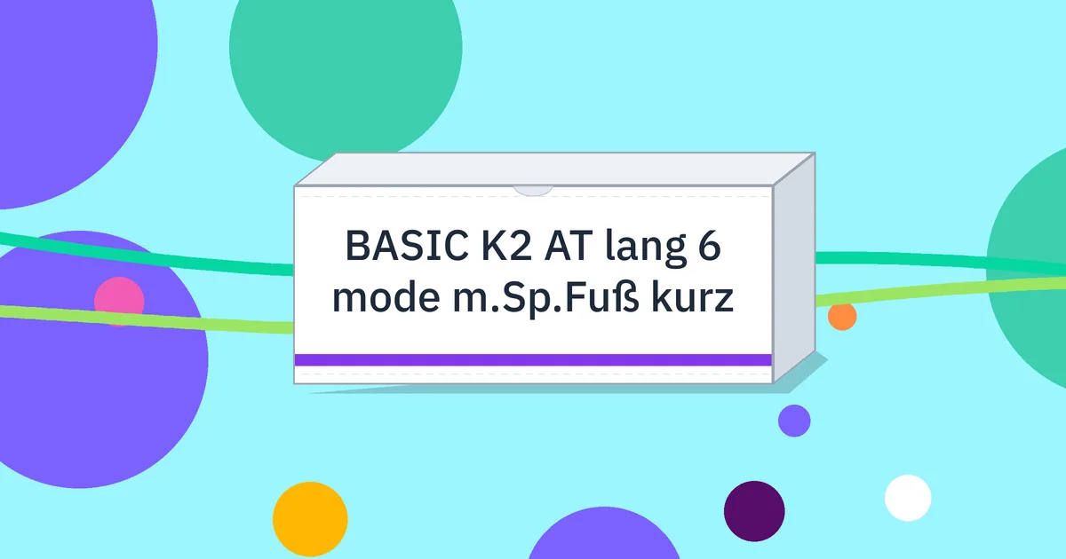 Symbolbild: Packung mit der Aufschrift BASIC K2 AT lang 6 mode m.Sp.Fuß kurz (PZN 20269922) – Verfügbarkeit und Bezug in Apotheken in Frankfurt am Main