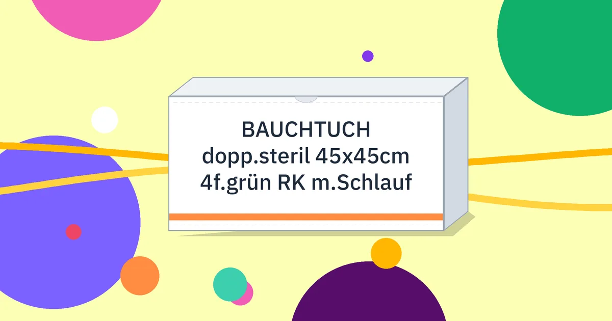 Symbolbild: Packung mit der Aufschrift BAUCHTUCH dopp.steril 45x45cm 4f.grün RK m.Schlauf (PZN 13166452) – Verfügbarkeit und Bezug in Apotheken in Frankfurt am Main