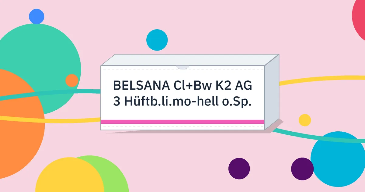 Symbolbild: Packung mit der Aufschrift BELSANA Cl+Bw K2 AG 3 Hüftb.li.mo-hell o.Sp. (PZN 12254450) – Verfügbarkeit und Bezug in Apotheken in Frankfurt am Main
