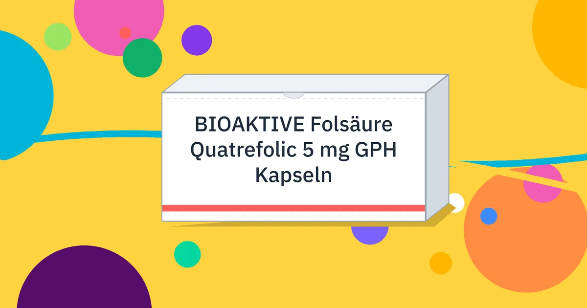 Symbolbild: Packung mit der Aufschrift BIOAKTIVE Folsäure Quatrefolic 5 mg GPH Kapseln (PZN 18310652) – Verfügbarkeit und Bezug in Apotheken in Frankfurt am Main