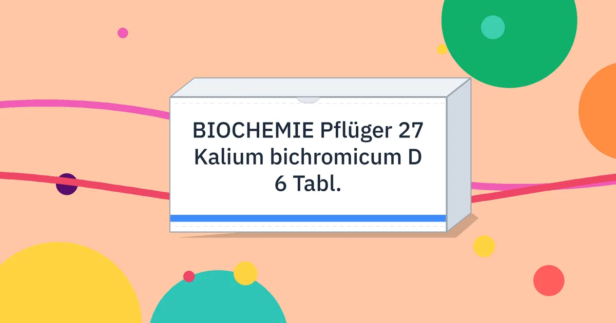 Symbolbild: Packung mit der Aufschrift BIOCHEMIE Pflüger 27 Kalium bichromicum D 6 Tabl. (PZN 05919268) – Verfügbarkeit und Bezug in Apotheken in Frankfurt am Main