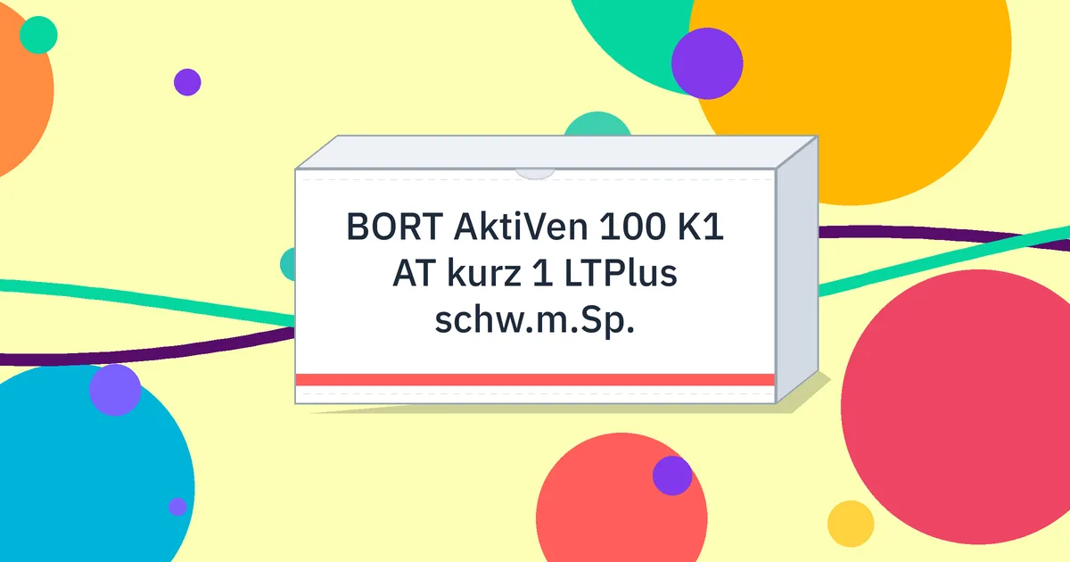 Symbolbild: Packung mit der Aufschrift BORT AktiVen 100 K1 AT kurz 1 LTPlus schw.m.Sp. (PZN 18175958) – Verfügbarkeit und Bezug in Apotheken in Frankfurt am Main
