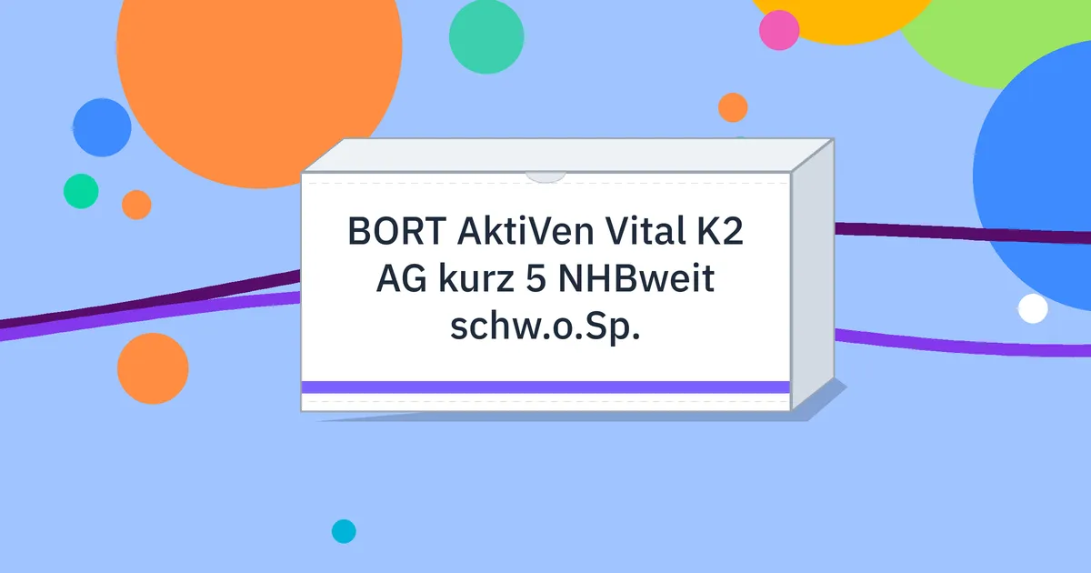 Symbolbild: Packung mit der Aufschrift BORT AktiVen Vital K2 AG kurz 5 NHBweit schw.o.Sp. (PZN 12384939) – Verfügbarkeit und Bezug in Apotheken in Frankfurt am Main