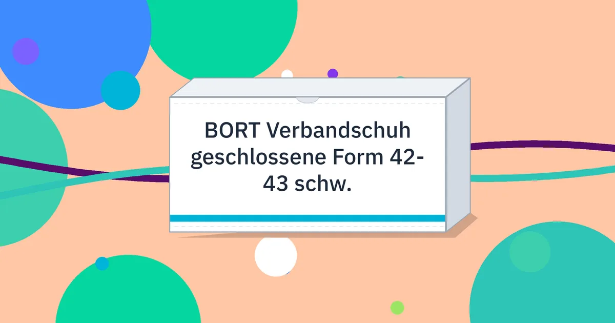 Symbolbild: Packung mit der Aufschrift BORT Verbandschuh geschlossene Form 42-43 schw. (PZN 07670471) – Verfügbarkeit und Bezug in Apotheken in Frankfurt am Main