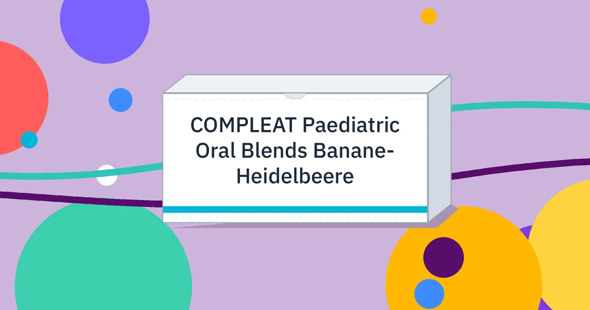 Symbolbild: Packung mit der Aufschrift COMPLEAT Paediatric Oral Blends Banane-Heidelbeere (PZN 19457647) – Verfügbarkeit und Bezug in Apotheken in Frankfurt am Main