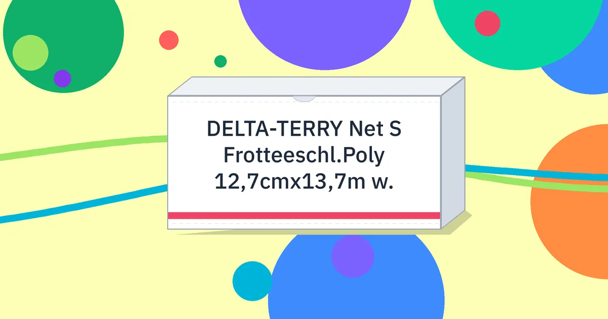 Symbolbild: Packung mit der Aufschrift DELTA-TERRY Net S Frotteeschl.Poly 12,7cmx13,7m w. (PZN 00855954) – Verfügbarkeit und Bezug in Apotheken in Frankfurt am Main