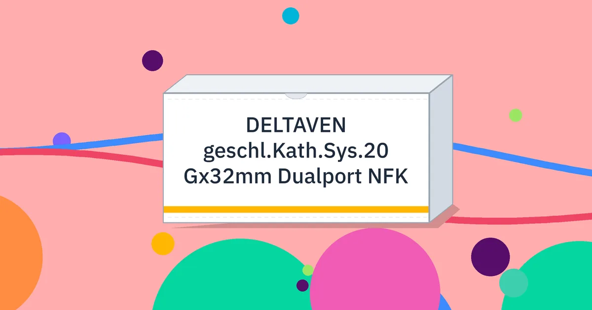 Symbolbild: Packung mit der Aufschrift DELTAVEN geschl.Kath.Sys.20 Gx32mm Dualport NFK (PZN 13977216) – Verfügbarkeit und Bezug in Apotheken in Frankfurt am Main